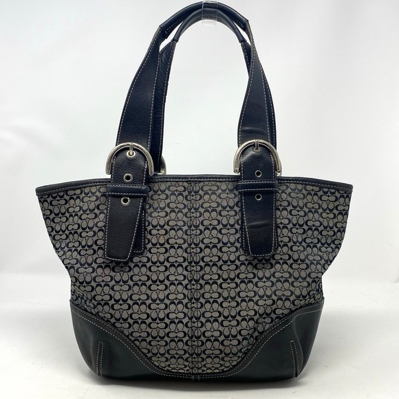 Coach | Bags | Vintage Coach Signature Canvas Black Leather Tote ...